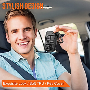 Slohif Leather Key Fob Cover Accessories for Jeep for Grand Cherokee Renegade Chrysler 200 300 Dodge RAM Durango Challenger Journey Dart Fiat 5 Buttons, Leather Case+D-Ring+Hook(Black)