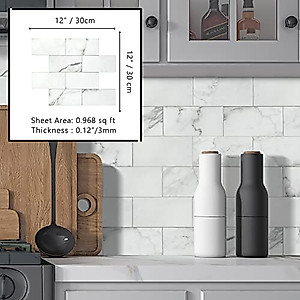 The Tiles Plaza Subway Backsplash Tile Peel and Stick, White Stone Self Adhesive Tiles, Stick on Marble Wall Tile for Kitchen, Bathroom, Fireplace. 12 x 12 Inch 10 Sheets