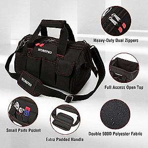 WORKPRO 14-inch Tool Bag, Multi-pocket Tool Organizer with Adjustable Shoulder Strap, W081021A , black