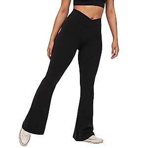 viehunt Womens Crossover Flare Leggings High Waisted Casual Cute Stretchy Full Length Workout Elegant Yoga Pants Black Medium