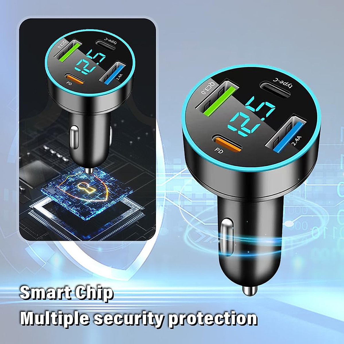 Car Charger,4-in-1 Super Fast Car Charger Adapter with Voltmeter & Blue LED,Universal PD+QC3.0+USB C Ports Car Cigarette Lighter USB Charger Compatible with iPhone Android (QC3.0+Type-C+PD+2.4A)