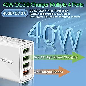 USB Charger 40W QC3.0 USB Wall Charger, 5V/3.1A 4-Port Charging Block Fast USB Wall Plug for iPhone 12 Pro Max/Mini/11/XS Max/XR/X/8/7/6, iPad, Samsung S8/S9, Note8/9, LG, HTC, Moto, Switch and More