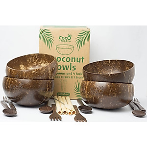 Coco TropEco Coconut Bowl Set of 4 - Handmade Bowls From Natural Coconut Shells + Wooden Spoons + Wood Forks and Bamboo Straws – Buddha Bowls Ideal for Acai Smoothie, Salad or Cereal – Polished –