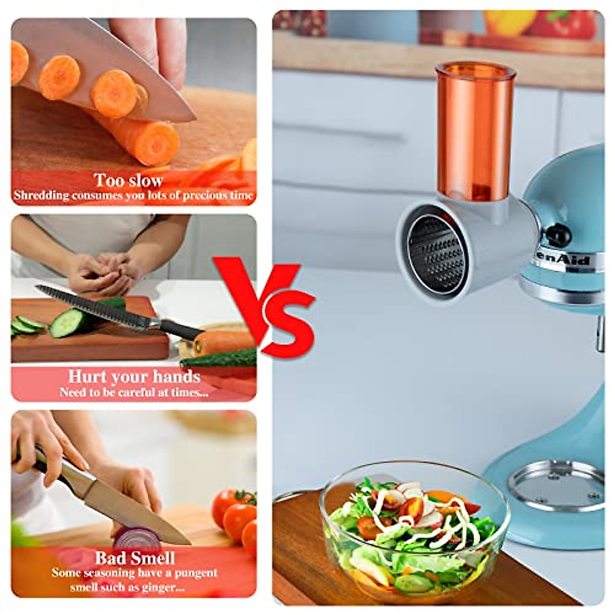 Slicer Shredder Attachment for Kitchen, Kitchenaid Attachments, Cheese Grater Attachment, Vegetable Slicer Attachment, Food Processor Attachment for Kitchen Aid Stand Mixer with 3 Blades (Grey)