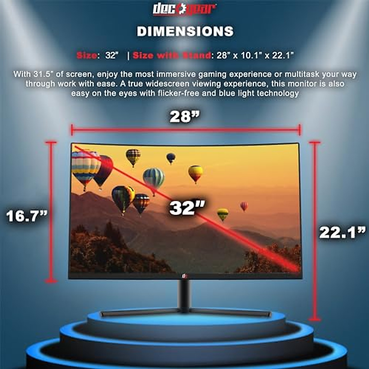 Deco Gear 32" Curved Gaming Monitor 1920x1080 with 3000:1 Contrast Ratio, 75 Hz Refresh Rate, 6ms Response Time, 16:9 Aspect Ratio, 103% sRGB Area Ratio