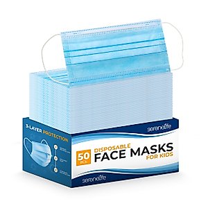 SereneLife 50 Count Disposable Childrens Face Masks | Breathable 3-Ply Layers | Non-Woven Fabric | Comfortable Earloops | Daily Use & Personal Care | Easy to Use & Disposable | For Kids (Blue)