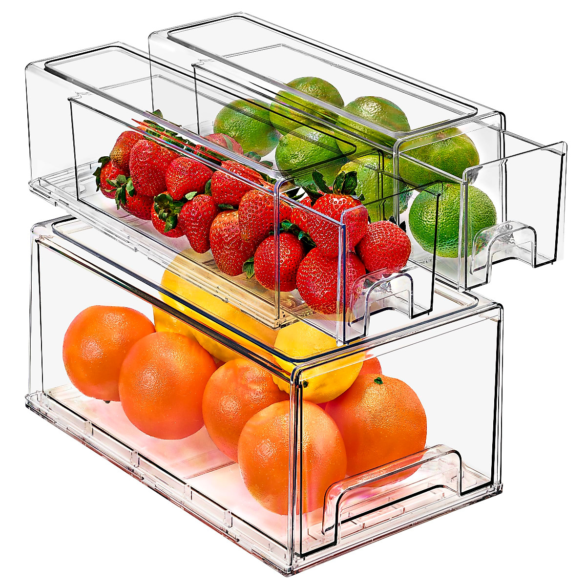 Sorbus Fridge Drawers - Clear Stackable Pull Out Refrigerator Organizer Bins - Food Storage Containers for Kitchen, Freezer, Vanity & Fridge (3 Pack | 1 Large, 2 Small Stackable Drawer Bins)