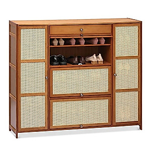 MoNiBloom Rattan Shoe Cabinet with 3 Drawers Rattan Pattern Free Standing Shoe, Shelf Storage Rack with Flip Doors & Drawer for 28-32 Pairs for Living Room, Entryway and Hallway, Brown