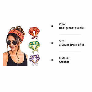 HAIMEIKANG Hippie Hair Bandanas Headbands for Women Boho Headband Knit Hair Bands Floral Head Wrap for Girls(red+green+pueple)