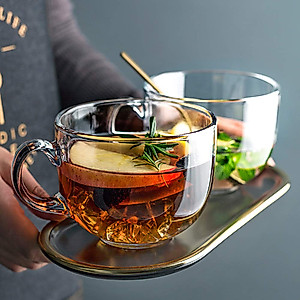 Aoderun Large Glass Coffee Mugs Set of 3 15oz Ins Style Glass Cups with Lids Spoon, for Cappuccino, Coffee Latte Cereal Ice Cream Mike Dishwasher and Microwave Safe (Premium Tempered Glass)