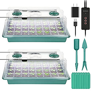 LCYATSI 2 Set 80-Cell Seed Starter Kit with Grow Light and 80pcs Peat Pellet Humidity Dome (80 Cells Total Tray) Seed Starting Trays, Base Large Greenhouse Germination Kit for Seeds Growing Starting