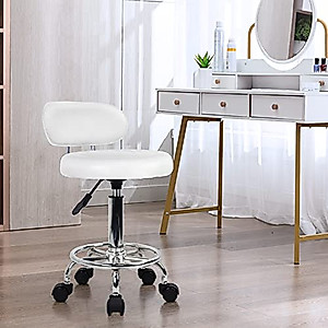 KKTONER PU Leather Modern Rolling Stool with Low Back Height Adjustable Work Salon Drafting Swivel Task Chair with Footrest (White)