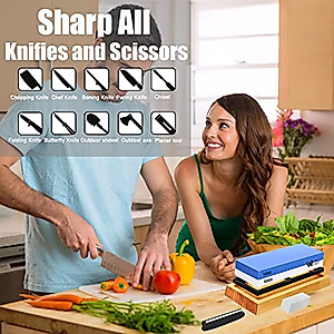 Knife Sharpening Kit - 1000/6000 Grit Japanese Whetstone Knife Sharpener set with Non-slip Rubber Base Angle Guide Flattening Wet stone for Kitchen Knives Chisel Axe Scissors