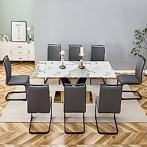 78’’ Modern Glass Dining Table for 8, Large Rectangular Dining Room Table with V-Shaped Bracket and Metal Base, Minimalist Kitchen Table for Restaurant, Meeting Room, Marble-Inspired Glass Desktop