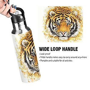 Tiger Water Bottle Kids Thermos Bottle with Straw Lid Animal Kids Insulated Stainless Steel Water Flask Leakproof Thermos Bottle for Gym Outdoor 20 oz
