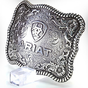ARIAT Scalloped Logo Buckle with Twisted Rope Edge, Floral Scrolls, Filigree Detailing, 3 ¾" x 2 ¾"
