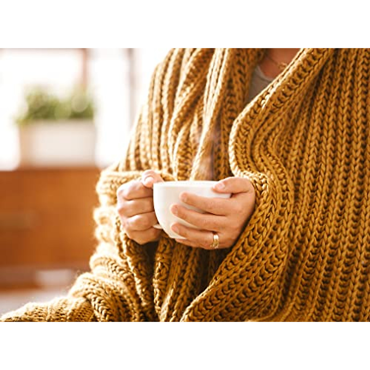 Chanasya Chunky Knit Fluffy Gold Yellow Throw Blanket - Contemporary Textured Super Soft Warm Cozy Plush Lightweight Acrylic Knitted Blanket for Couch Bed Sofa Chair Cover Living Bed Room - Golden