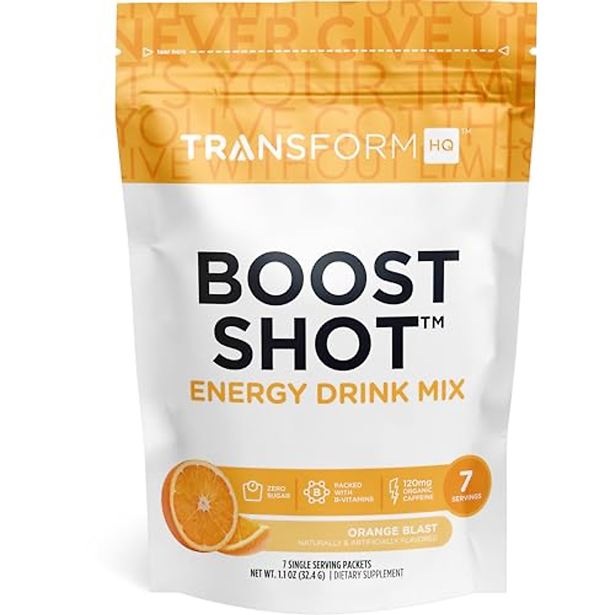 TransformHQ Boost Shot Powder Drink Stick Packets, Orange Blast, 7 Pack, Energy Supplements for Women & Men, with Caffeine, Vitamin B12, B9, B6 & B3
