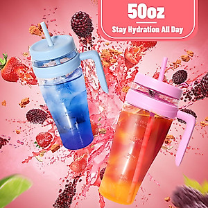 Hydraful 50 oz Tritan Plastic Tumbler with Lid and Straw and Handle - 100% Leak-Proof - Perfect for Iced Coffee, Smoothies, and Juice - Wide Mouth Reusable Water Bottle with Time Marker