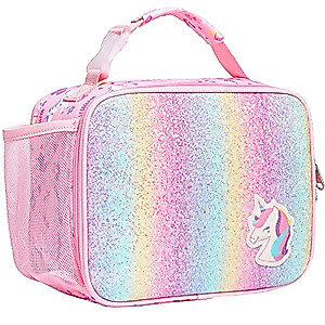 Bagseri Kids Lunch Box Insulated - Lunch Bag for Girls with Buckle Handle - Portable Reusable Toddler Leak-proof Lunchbox for School and Daycare, Pink Glitter, Unicorn