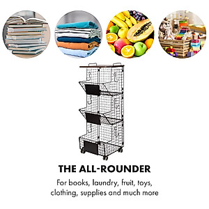 Granrosi 3 Tier Fruit Basket Stand for Kitchen Floor & Pantry — Stackable Rolling Fruit Cart & Vegetable Rack on Wheels; Produce Cart with Wooden Tabletop; 3 Tier Wire Basket Stand