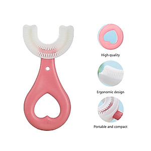 JUNDE 2Pcs Kids U- Shaped Toothbrush Food Grade Soft Silicone Brush Head Manual U-Type Toothbrush 360° Teeth Cleaning Brush Oral Training Toothbrush for Kids Ages 2-6 (Blue and Pink, Peach Heart)