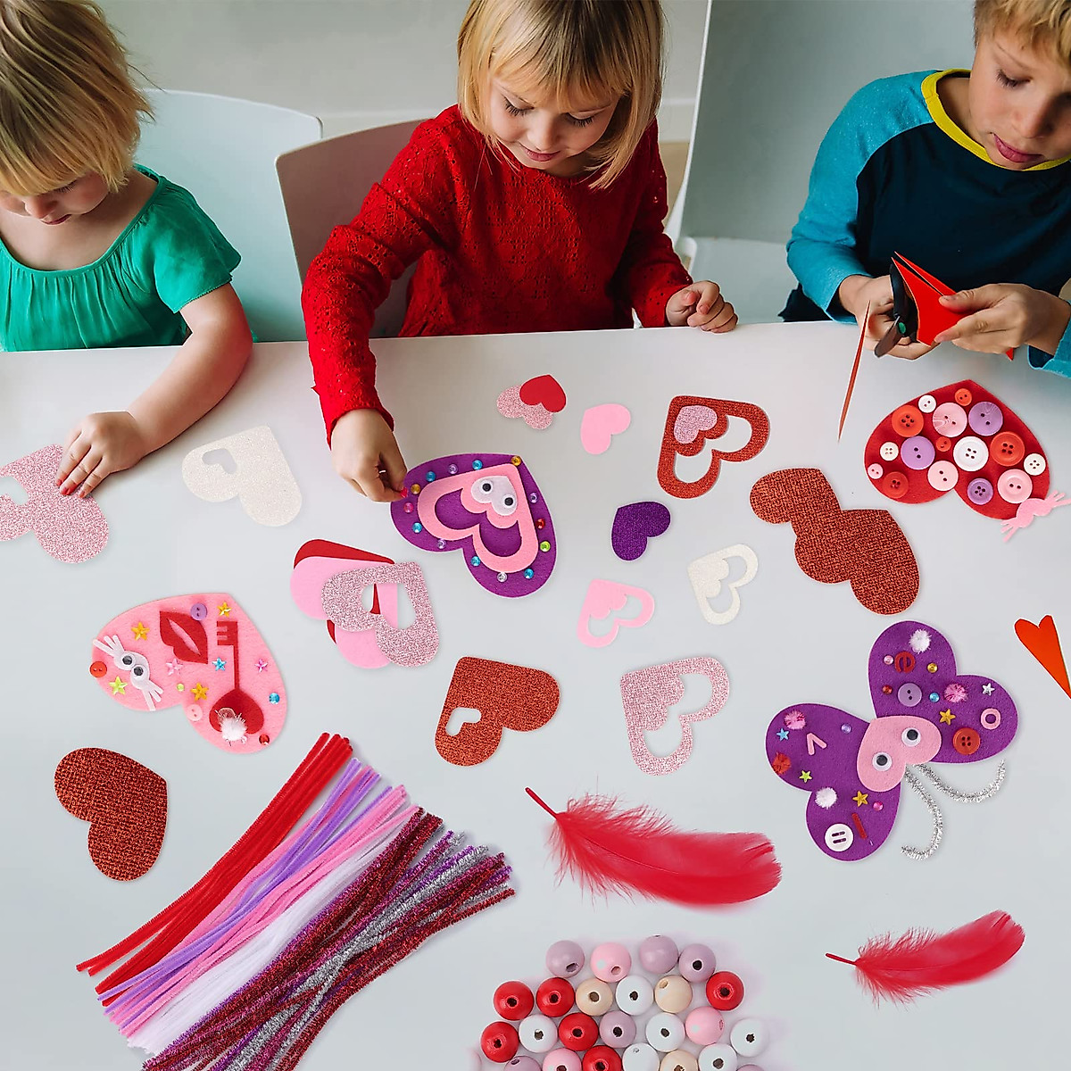 Caydo 730PCS Valentine Day Arts and Crafts Supplies for Kids, Including Felt Sheets Pipe Cleaners Pom Poms Wiggle Eyes Feather for Valentine's Day Craft and Decorations