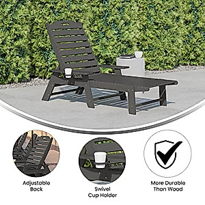 Flash Furniture Monterey Adjustable Adirondack Lounger with Cup Holder- All-Weather Indoor/Outdoor HDPE Lounge Chair, Gray
