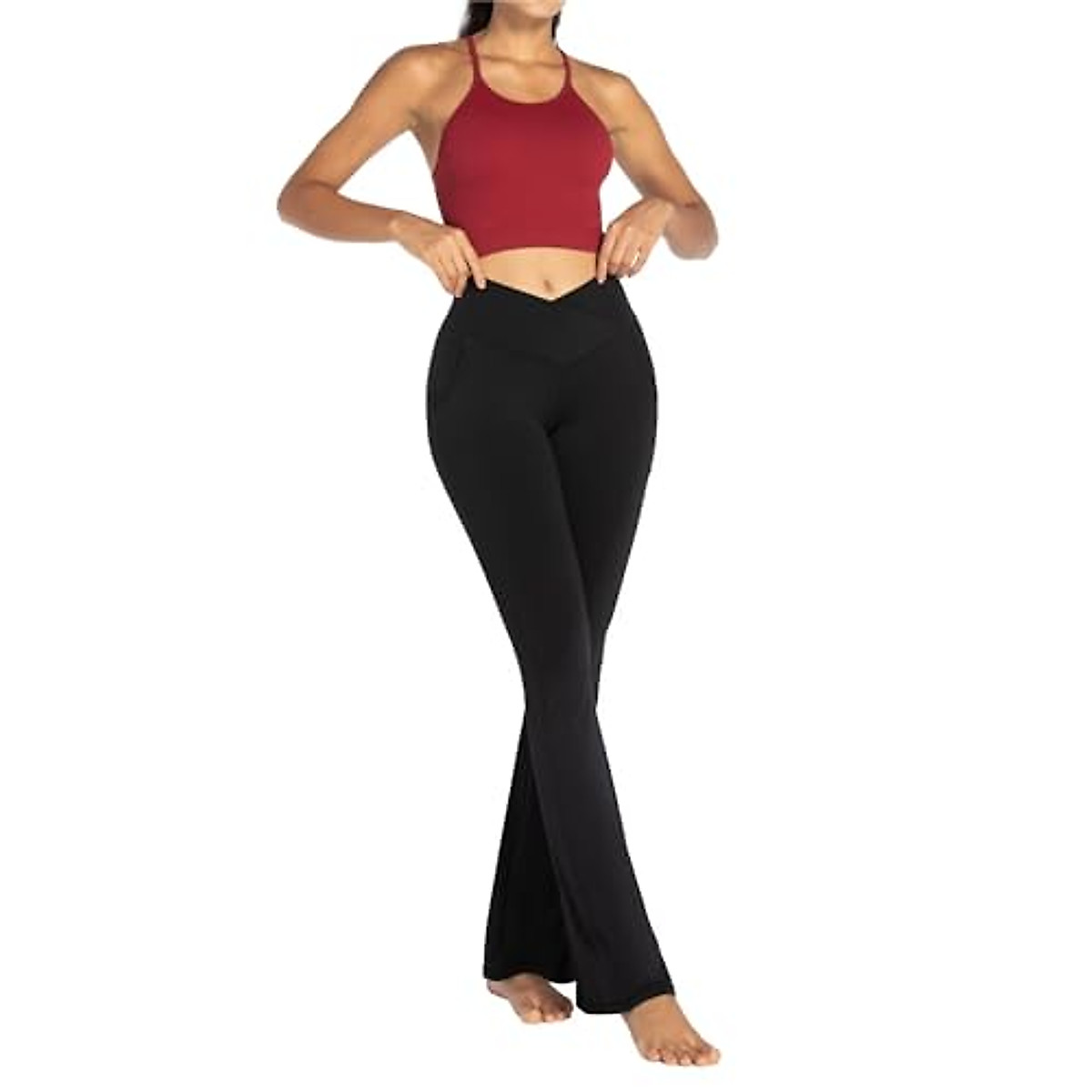 Sunzel Flare Leggings for Women with Pockets, Crossover Yoga Pants with Tummy Control, High Waisted and Wide Leg 30" Inseam Black Medium