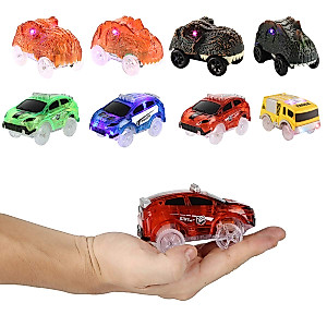 Tracks Cars Only Replacement, Flex Track Race cars for Magic Tracks Glow in the Dark, LED Lights Up Battery Operated Snap N Glow Trax cars Accessories, Compatible with Most Car Tracks for Kids (4pack