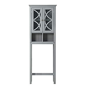 glitzhome 68.25 Inch Wooden Free Standing Storage Cabinet with Double Glass Doors Bathroom Cabinet Spacesaver Grey