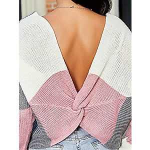 ZAFUL Women's Fashion Colorblock Sweater Knot Back V Neck Sexy Knit Pullover Long Sleeve Top (0-Multi, M)