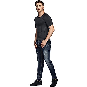 Odoland 3 Pack Men's Body Shaper Slimming Shirt Tummy Vest Thermal Compression Base Layer Slim Muscle Short Sleeve Shapewear, Grey/Grey/Grey, XL