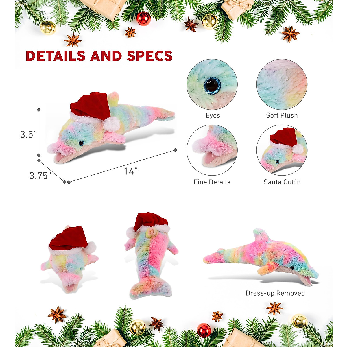 DolliBu Santa Rainbow Dolphin Stuffed Animal Plush Toy - Super Soft Wild Animal Dress Up with Red Santa Claus Hat, Wildlife Gift, Perfect Holiday with Name Personalization - 14 Inches