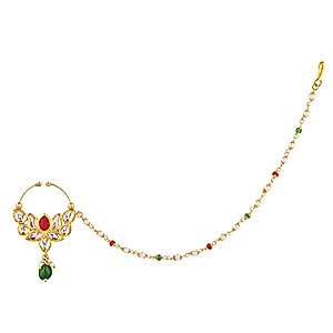 Efulgenz Multipack of Indian Lotus Nose Rings Hoop with Chain Faux Pearl Nath Nathni Nose Pin Stud Fake Septum Ring Indian Jewelry for Wedding Kundan Crystal Non Piercing Body Jewelry for Brides Women