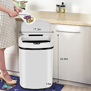 HGS Touchless Trash Can 13 Gallon Automatic Garbage Waste Bin Stainless Steel Trash Can Touch Free Kitchen Garbage Cans with Lid, Sensor Trash Bins for Home Office Living Room Bedroom, White, White
