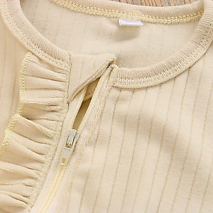 Lelloing Newborn Baby Boy Long Sleeve Romper Infant Girls Solid Color Footed Onesie Ribbed Jumpsuit Unisex Basic Pajamas(Pajama-Beige,0-3M)