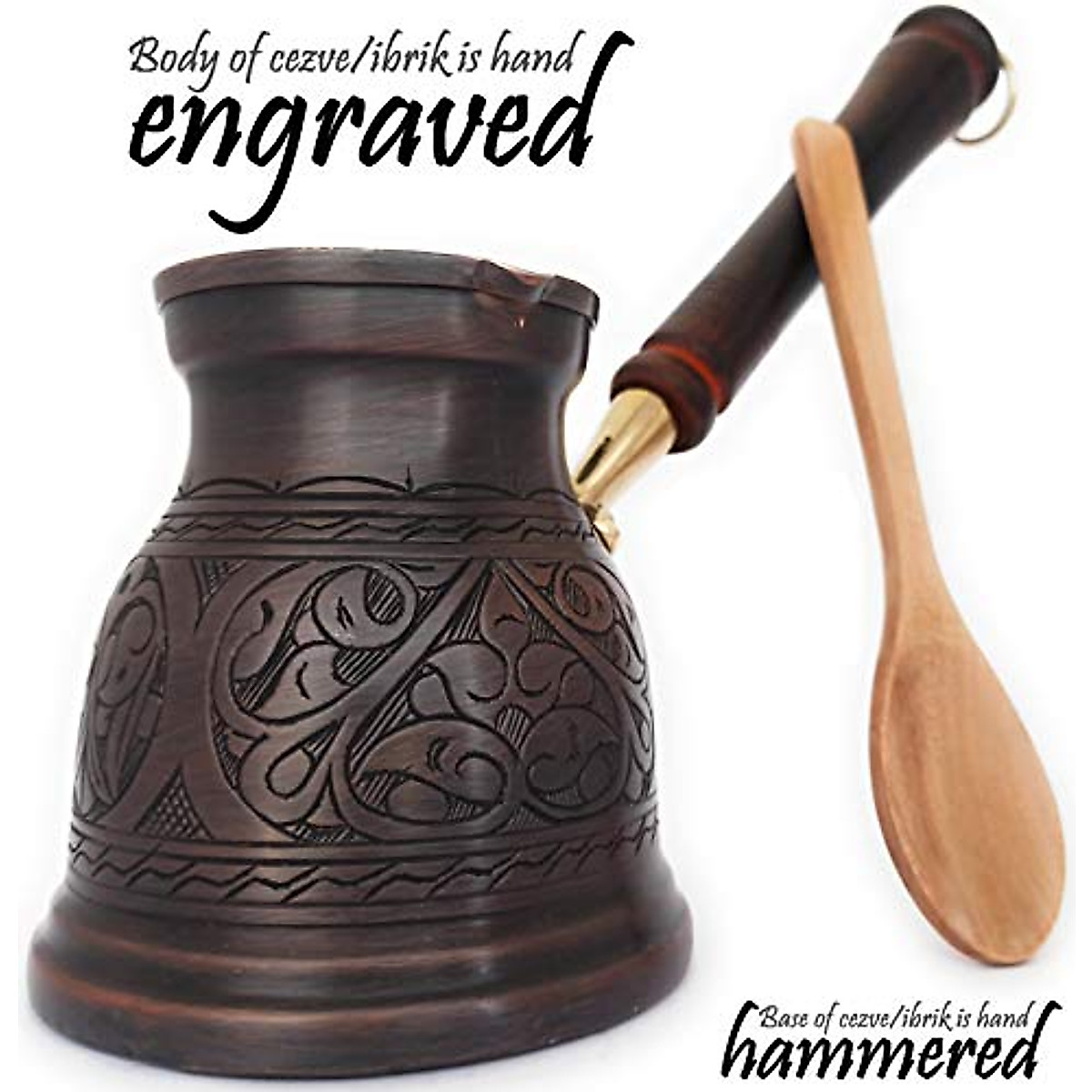 DEDE Copper - IST Series (XLarge-16.9 floz)-Thickest Solid Copper Engraved Turkish Greek Arabic Coffee Pot with Wooden Handle, Stovetop Coffee Maker Cezve, Jezve, Jazva, Jazzve, Ibrik, Briki (Antique)