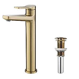 KRAUS Indy Single Handle Vessel Bathroom Faucet and Pop Up Drain in Brushed Gold, KVF-1400BG-PU-10BG