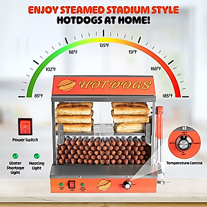 Hot Dog Machine - 34.5L Hot Dog Steamer with Bun Warmer - 1200W Hotdog Maker Holds 175 Hot Dogs and 40 Buns - Hot Dog Cooker by Great Northern Popcorn