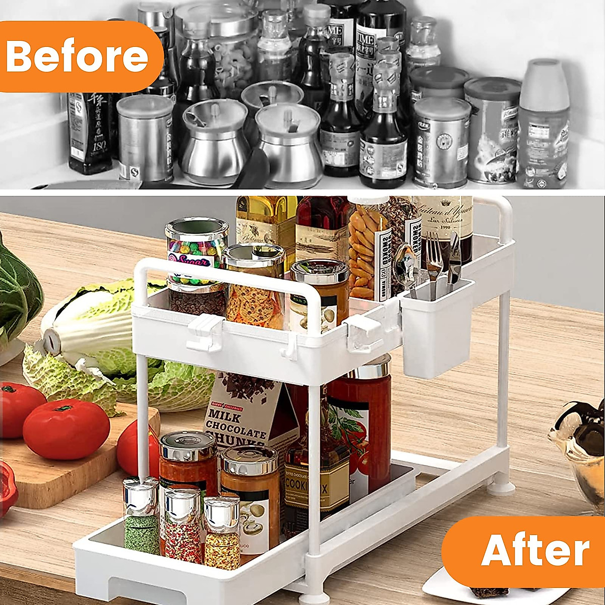 Vantency 2 Pack Under Sink Organizer, 2 Tier Sliding Under Kitchen Cabinet Storage Drawer with Hooks, Hanging Cup, Dividers, Handles and Anti-Slip Foot Mats (2PC-White)