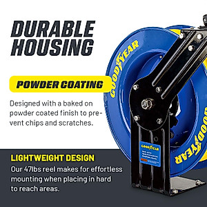 Goodyear Air Hose Reel Retractable 3/8" Inch x 50' Foot SBR Rubber Hose Max 300PSI Heavy Duty Industrial Steel Single Arm Construction