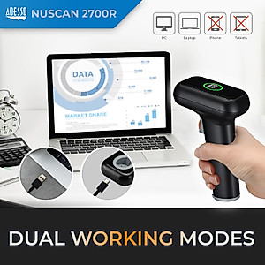 Adesso Nuscan 2700R Wireless Barcode Scanner with Charging Cradle - High-Speed 2D Scanning Engine, 120 FPS, 2.4GHz RF Wireless Technology