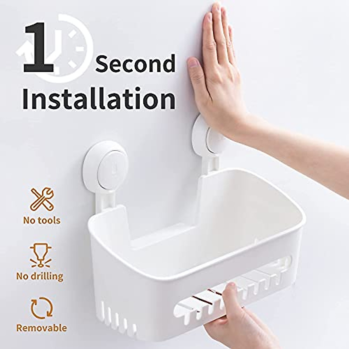 LEVERLOC Shower Caddy Suction Cup Double Layer Shower Shelf One Second Installation Removable Powerful Suction Cup Bathroom Organizer Max Hold 22lbs Waterproof Shower Storage Plastic- White