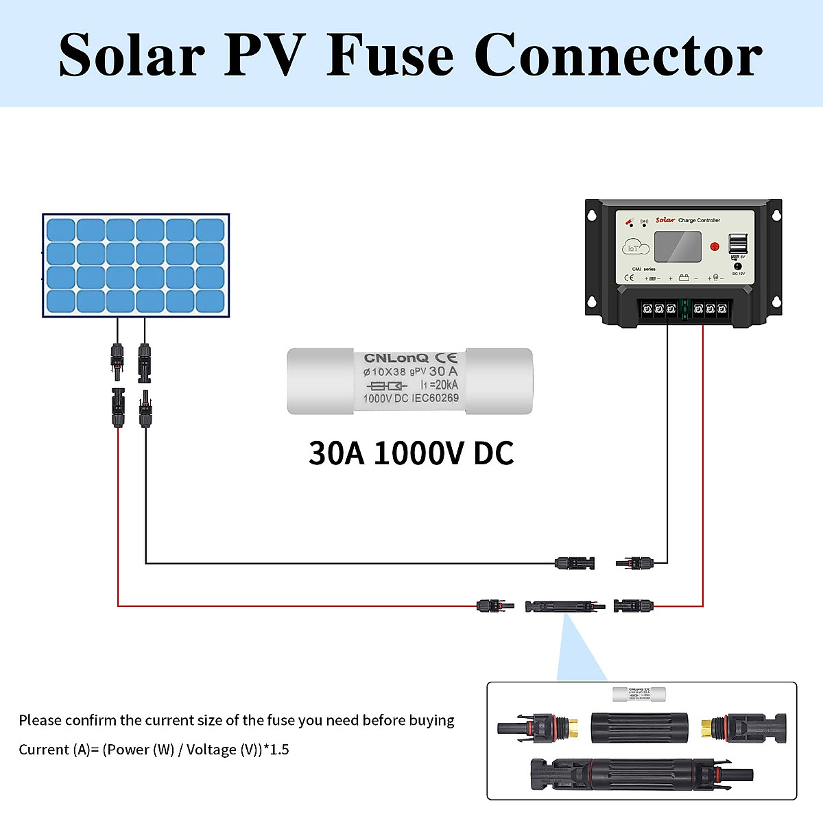 Poyiccot 30A Solar Inline Fuse Holder Connector, 1000V DC Waterproof in-line Fuse Holder, Solar Fuse Connector for Solar Panel and Solar Controller, with 10X38mm Fuse, 1pcs