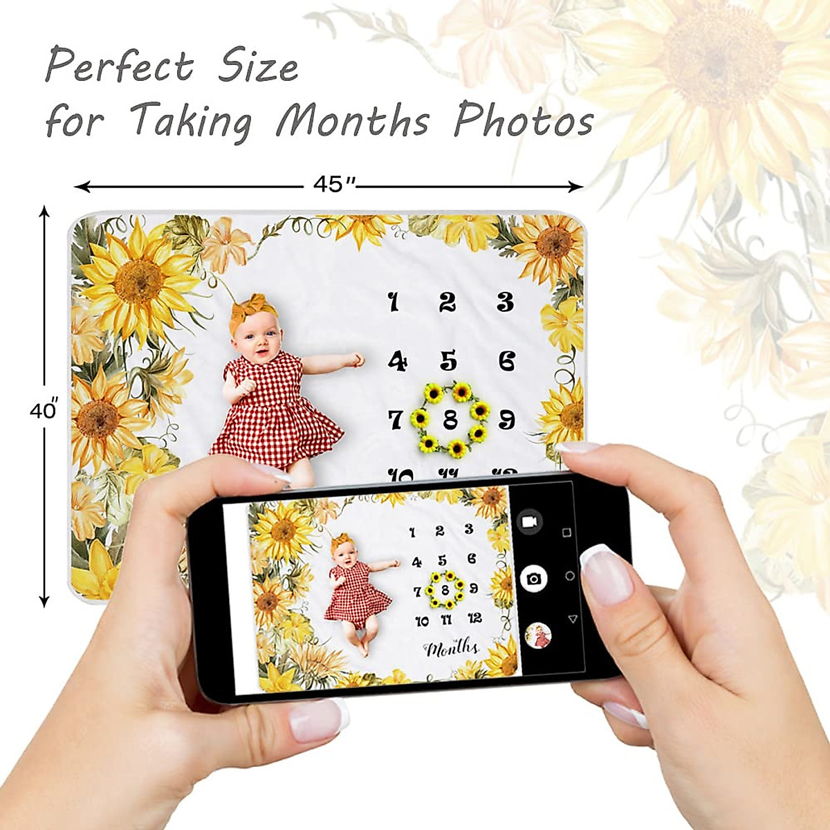 Yoothy Sunflower Baby Monthly Milestone Blanket Girl, Floral Newborns Month Blanket Gift for Baby Shower, Soft Plush Photo Prop Blanket, Wreath &Headband Included, 45''x40''