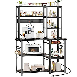 SUPERJARE Large Bakers Rack with Power Outlets, 6-Tier Microwave Stand, Coffee Bar with 12 S-Shaped Hooks, Kitchen Shelf with Wire Basket, 39.3 x 15.5 x 66.9 Inches, Black