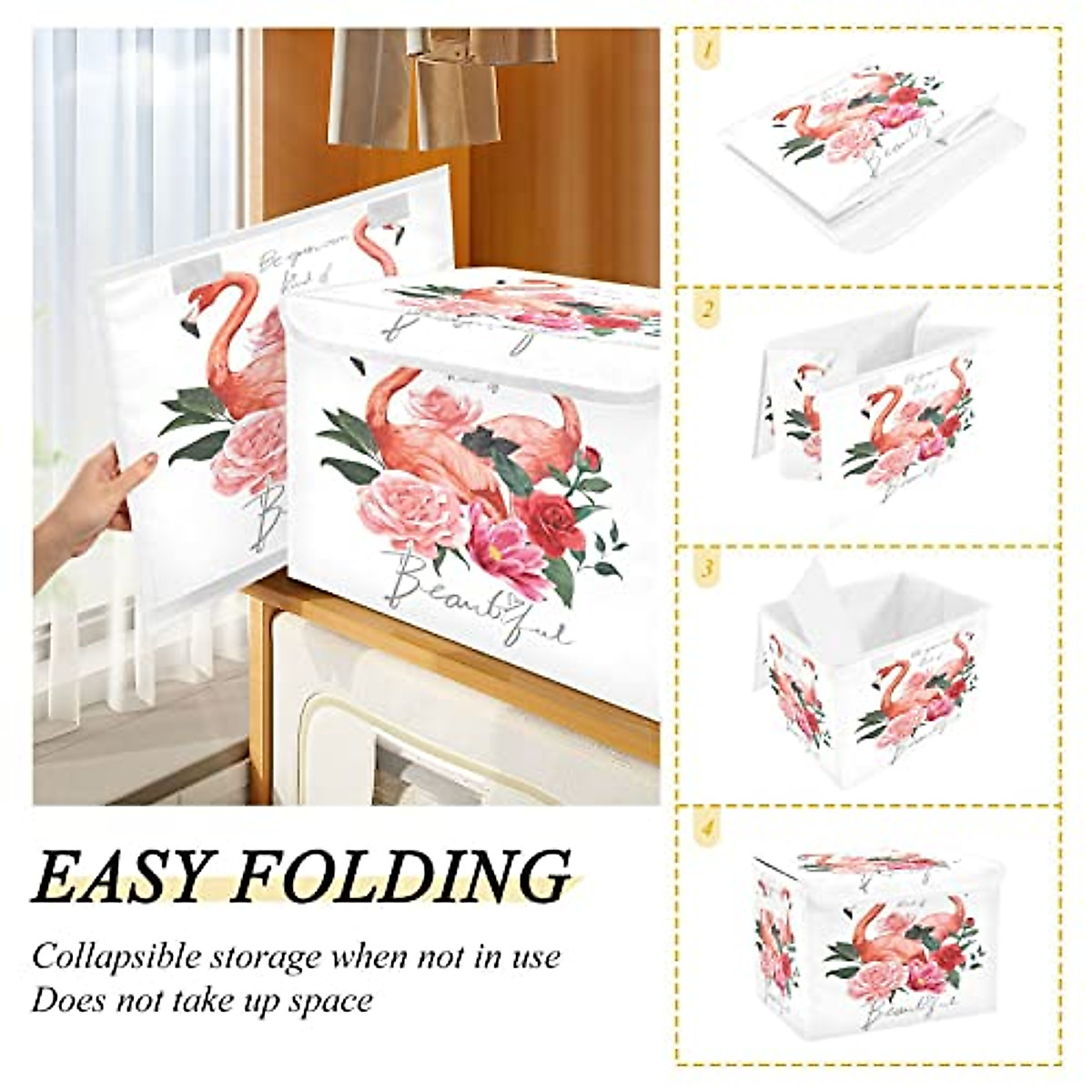 Kigai Flamingos Storage Bins with Lids and Handles 17x13x12 In Foldable Fabric Storage Basket Toys Clothes Organizer for Shelves Closet Home Bedroom Office