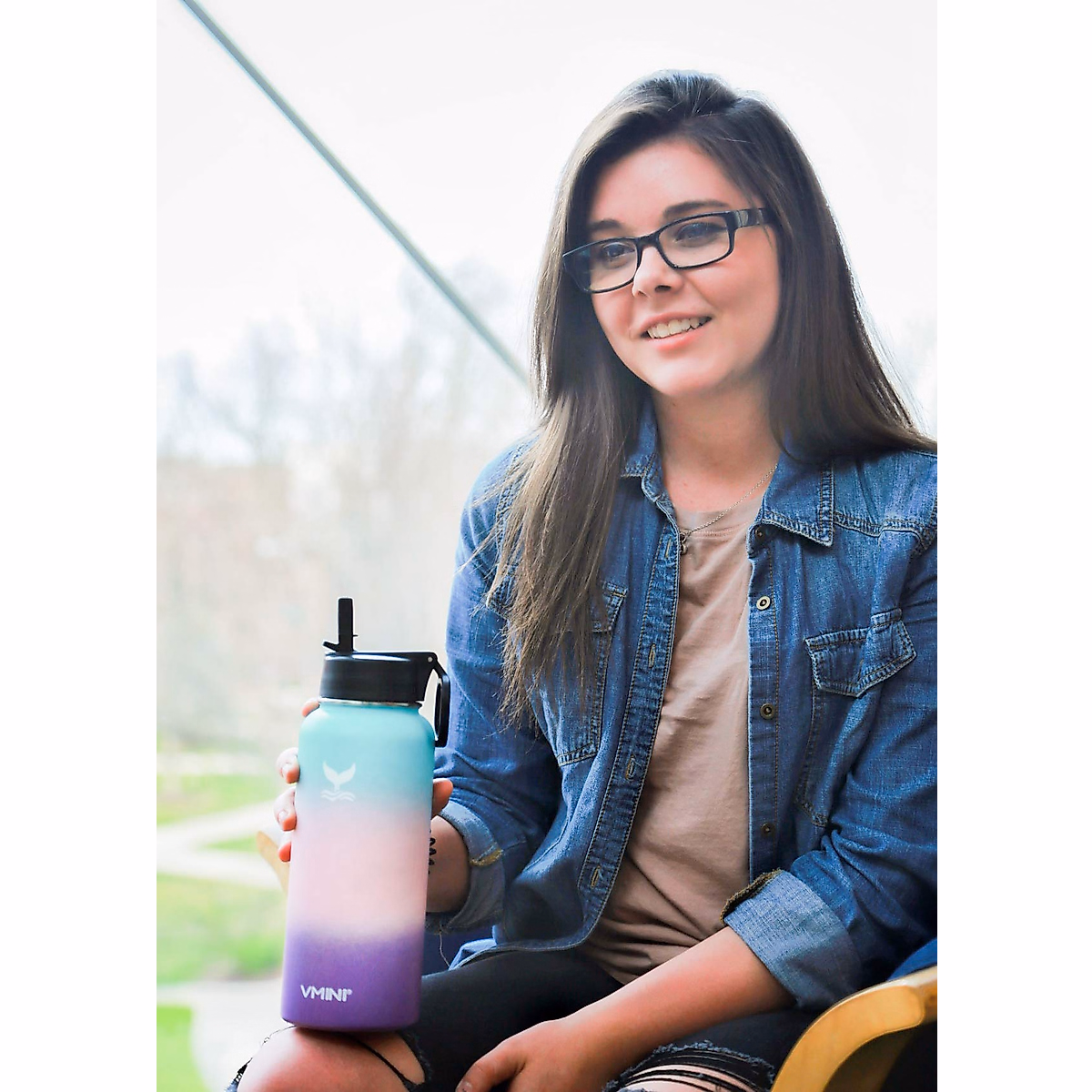 Vmini Water Bottle with New Wide Handle Straw Lid, Wide Mouth Vacuum Insulated 18/8 Stainless Steel, 4 Straws and 2 Brushes, 32 oz, Gradient Mint + Blue