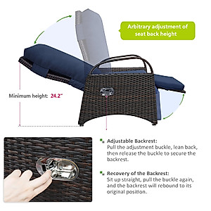 ATR ART TO REAL Outdoor Recliner Bistro Set of 3, All-Weather PE Wicker Patio Reclining Lounge Chair with Side Table (Set of 3 - Navy Blue)